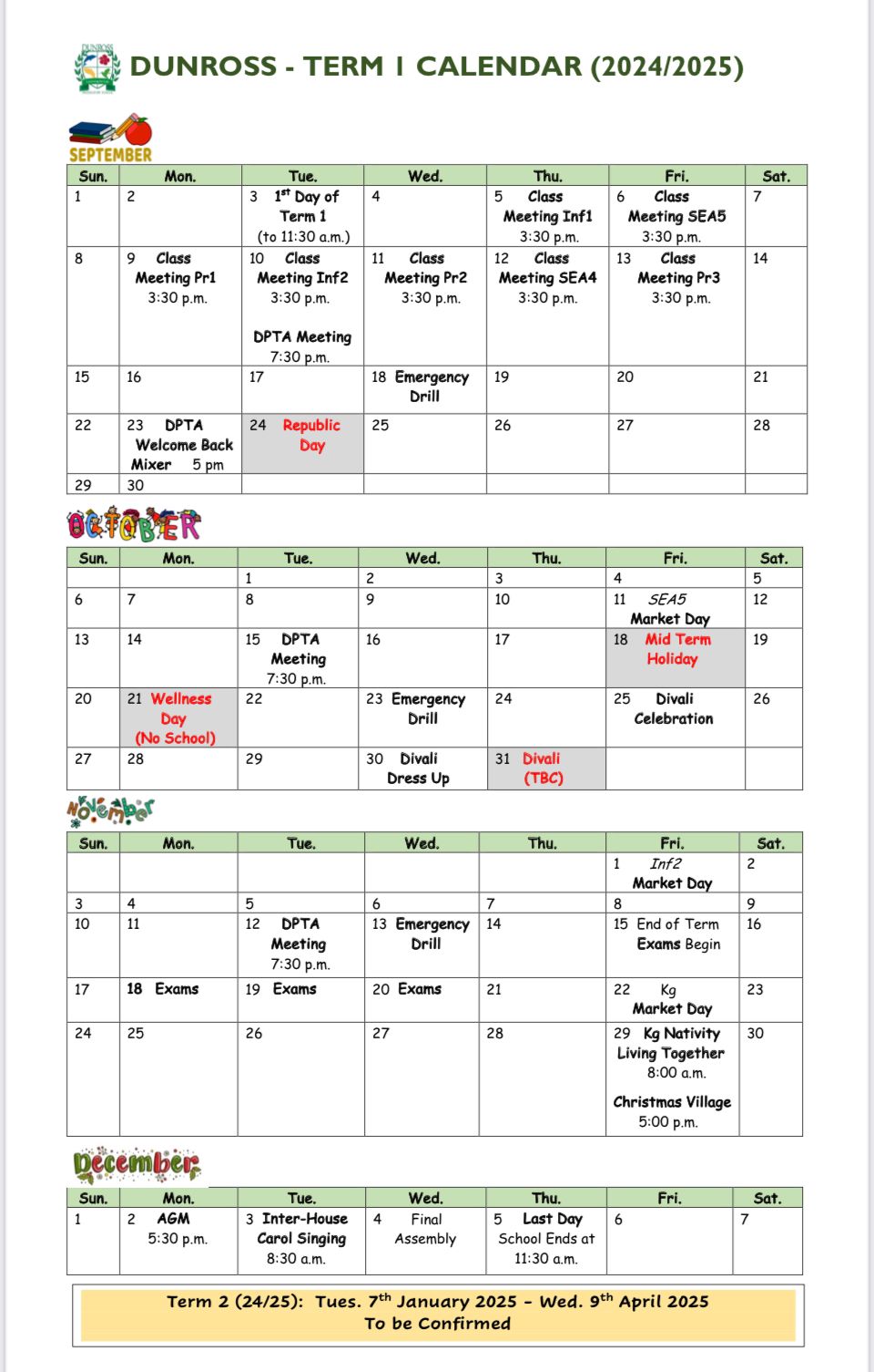 School Calendar – Dunross Preparatory School